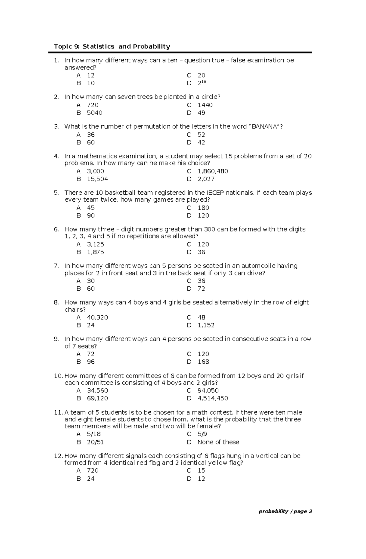 Probability Exam - Topic 9: Statistics and Probability 1 - Studocu