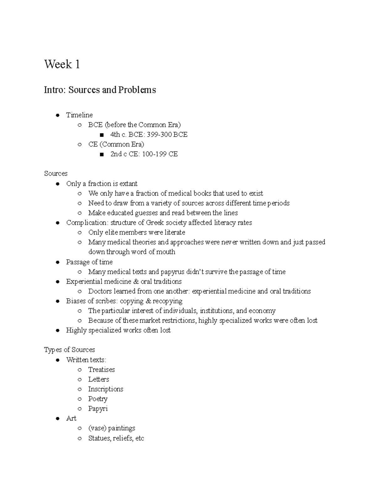 Classics - Lecture Notes: Week 1 Intro to Medical Sources & Problems ...