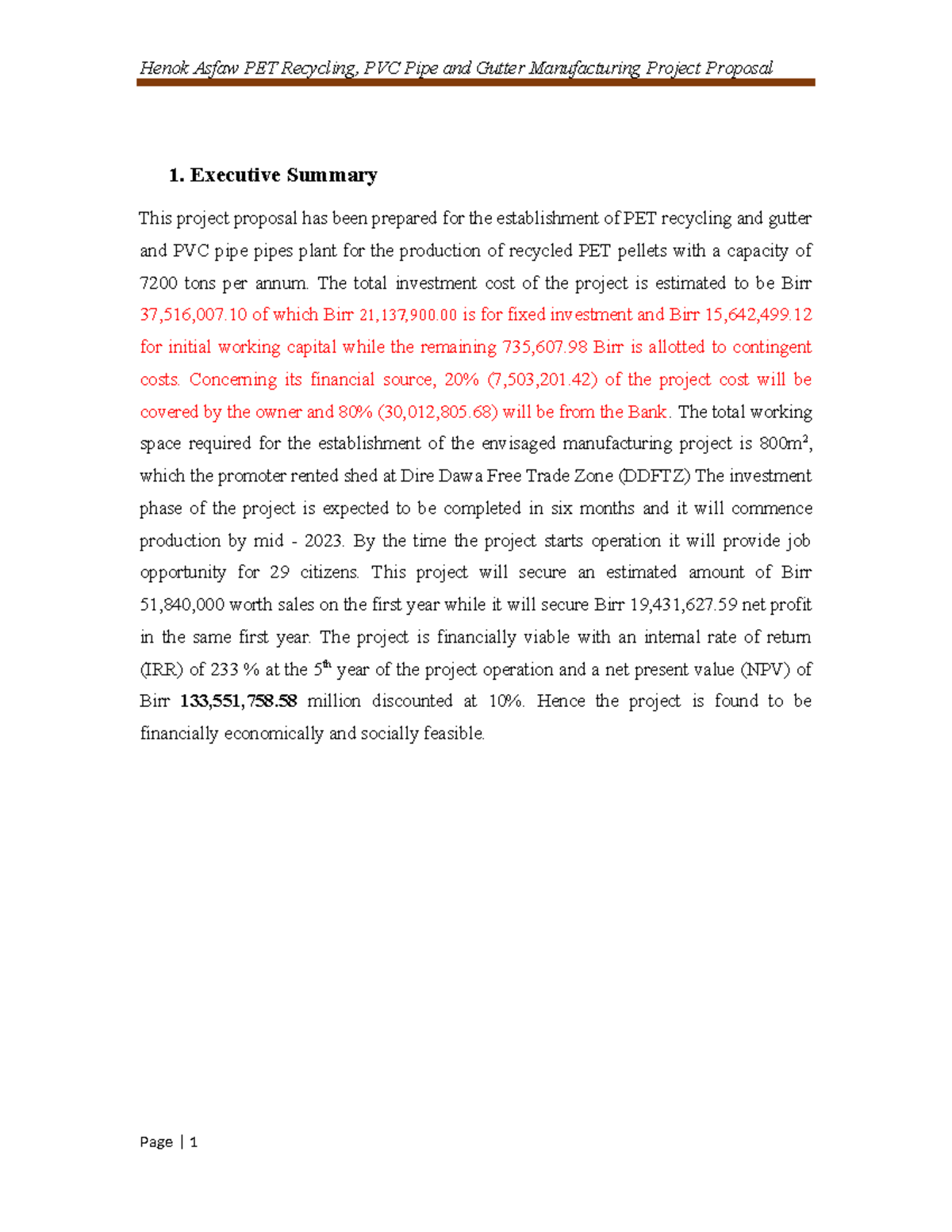 Henok Asfaw PET Recycling & PVC Pipe Manufacturing Project Proposal ...