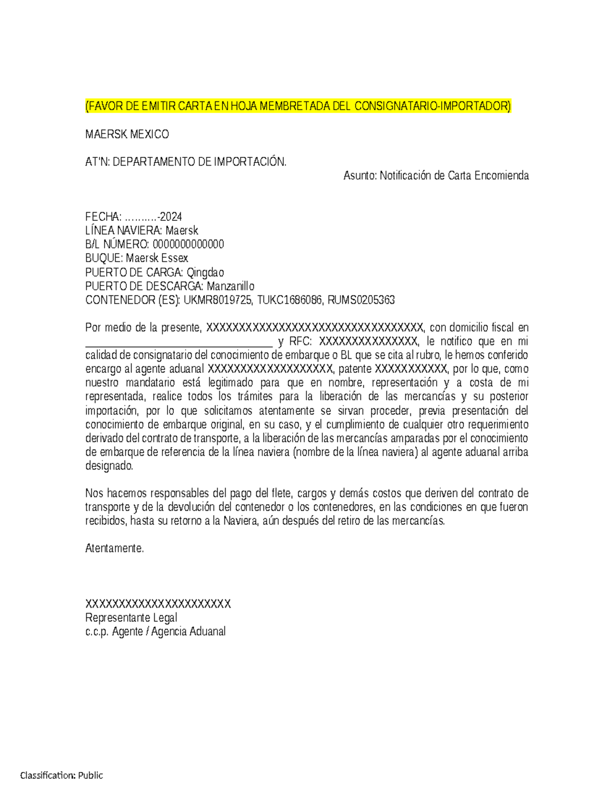 Notificación de Carta Encomienda a Maersk - Importación México - Studocu