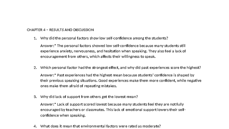 CHAPTER 4: RESULTS & DISCUSSION ON STUDENTS' SPEAKING CONFIDENCE - Studocu