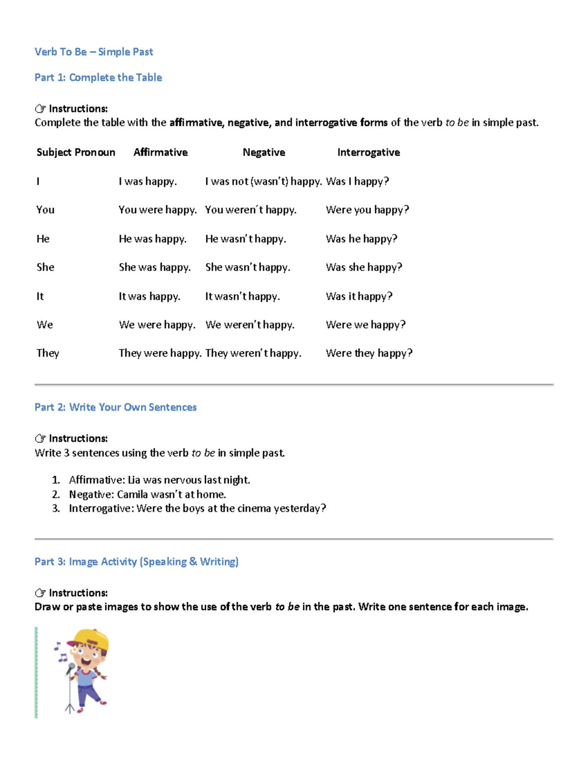 Simple Past Verb To Be: Was/Were Table & Activities - Studocu