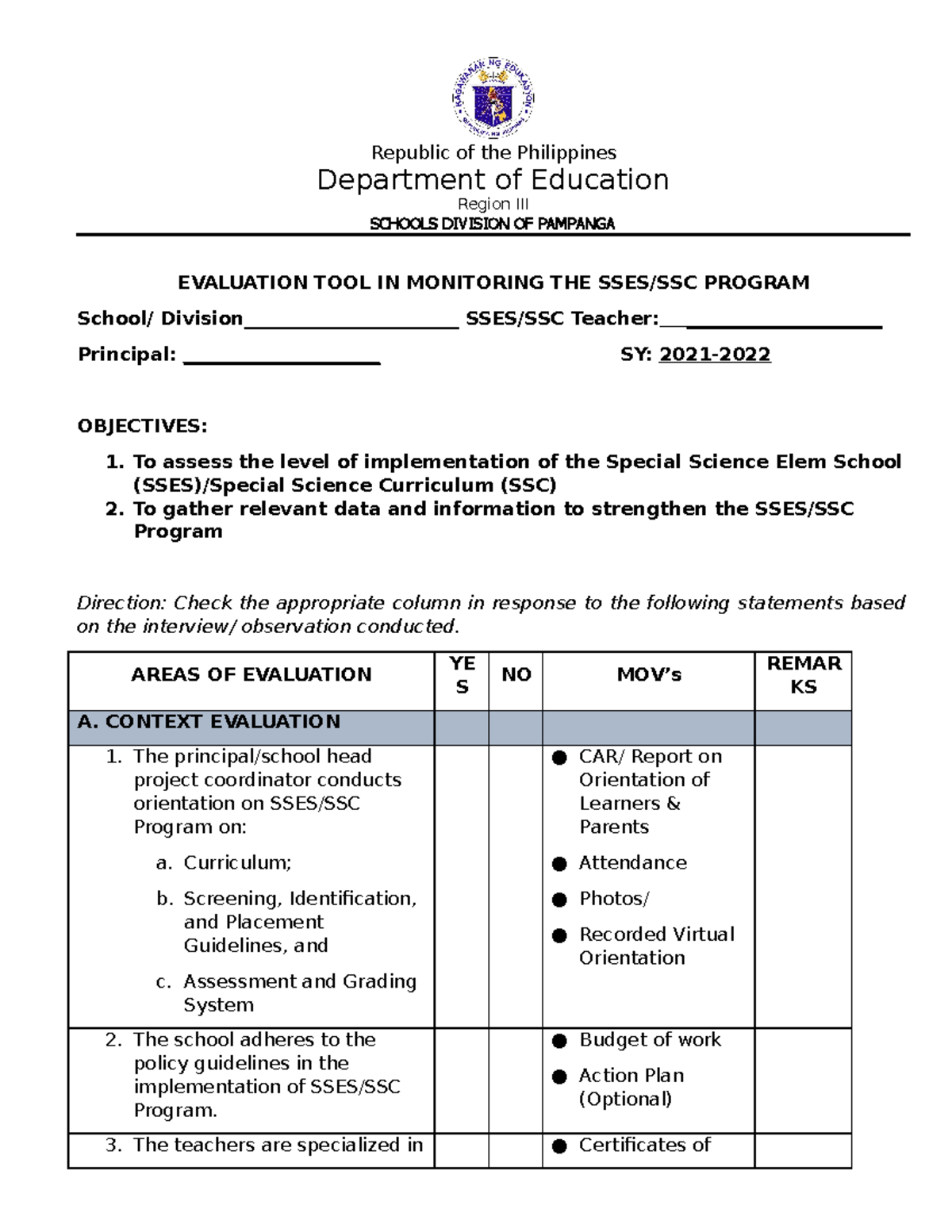 Evaluation Tool for Monitoring SSES/SSC Program Implementation - Studocu