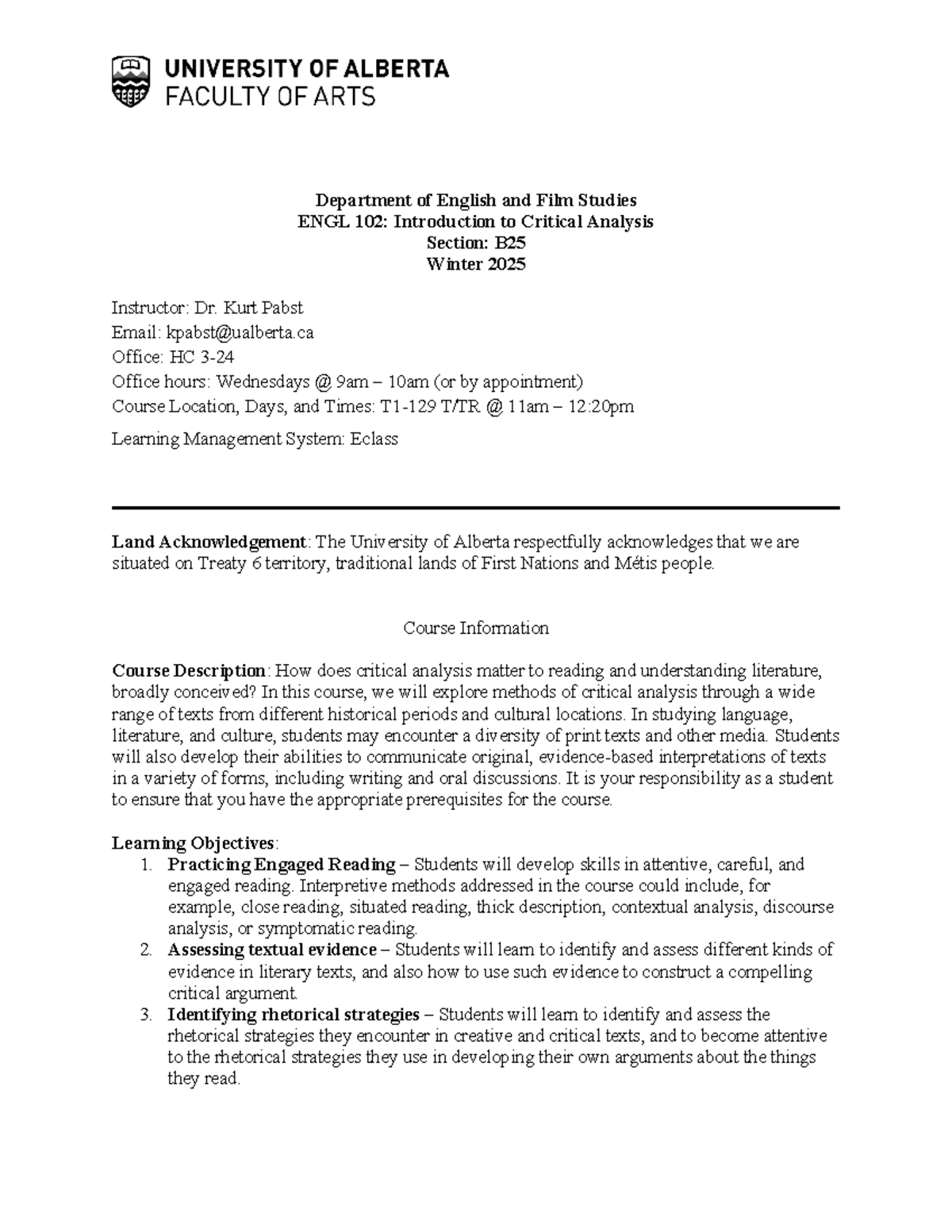 ENGL 102 - Winter 2025 Syllabus: Introduction to Critical Analysis ...