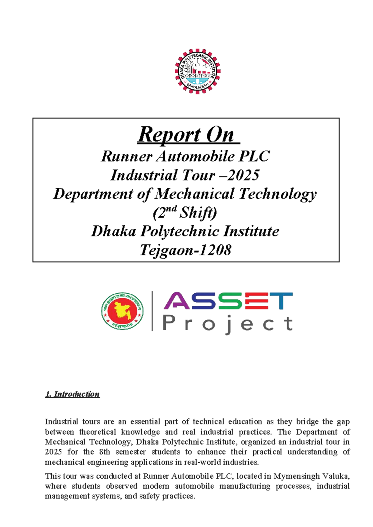 Runner Automobile PLC Industrial Tour Report - Mechanical Tech 8th Sem ...