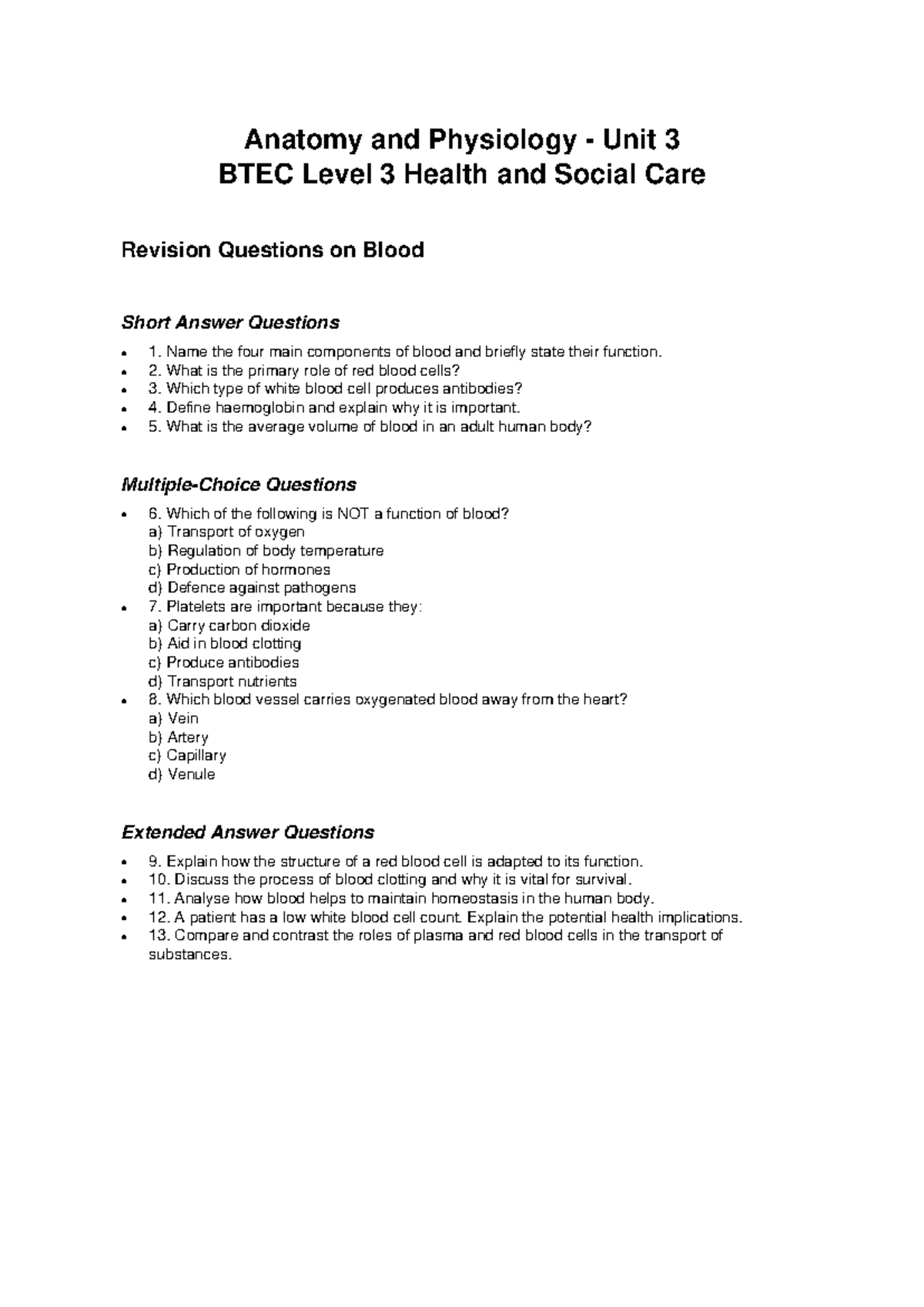 Blood Questions Unit 3: BTEC Level 3 Health & Social Care Revision ...