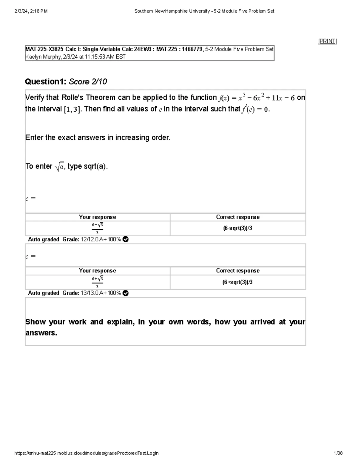 Southern New Hampshire University - MAT-225-X3825 Calc I Module 3 ...