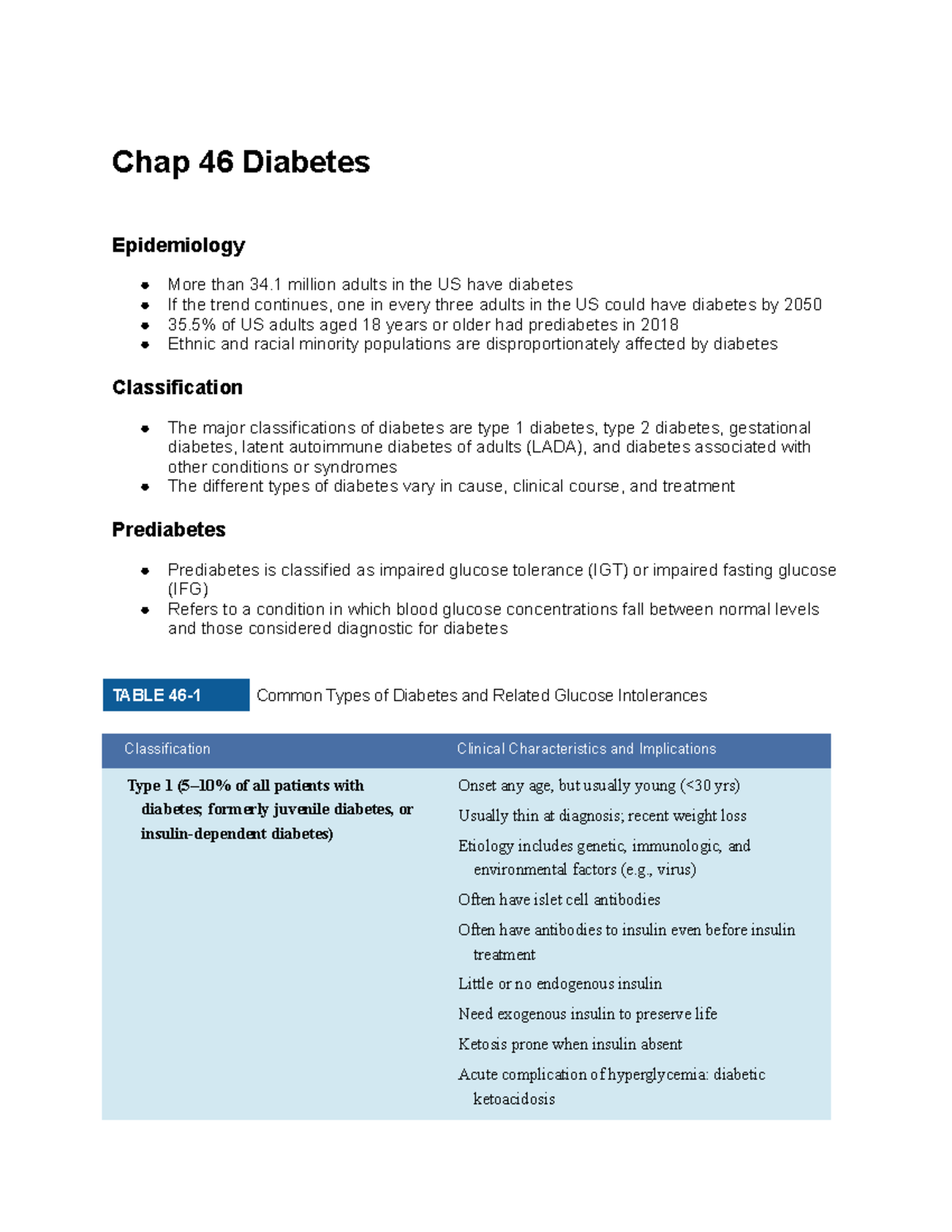 Chapter 46: Diabetes Overview and Clinical Insights - Studocu