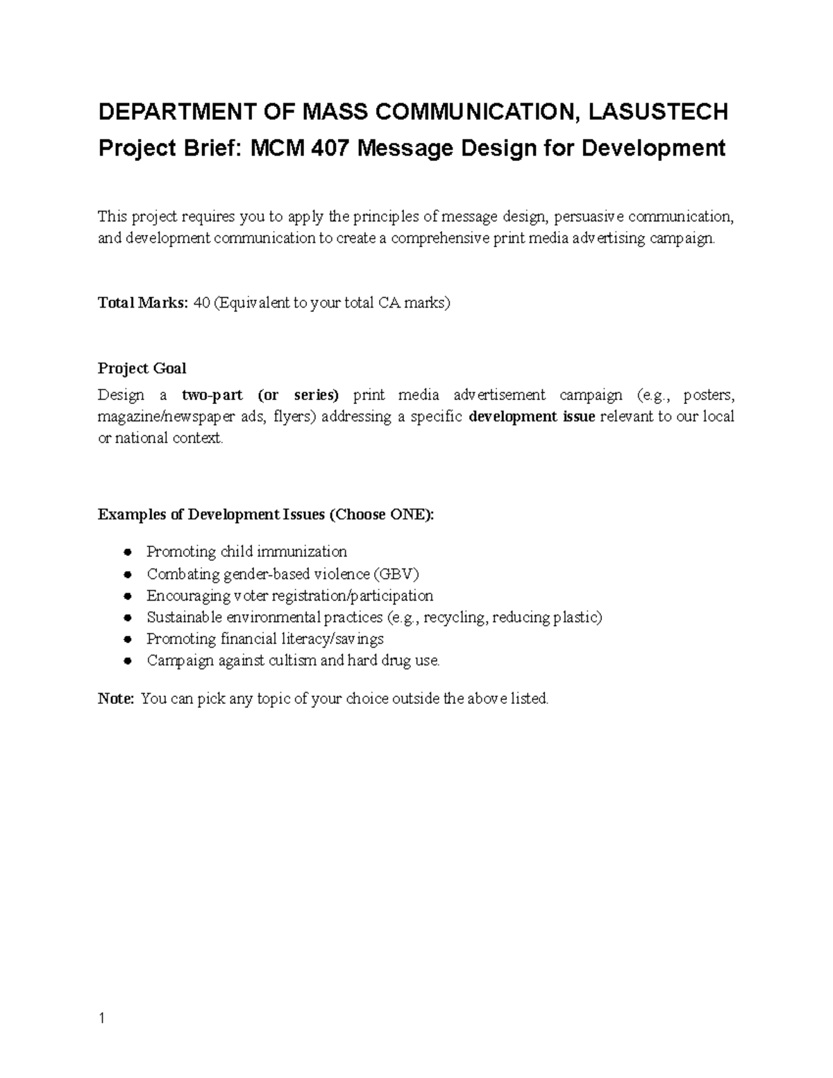 MCM 407 Project Brief: Message Design for Development Campaign - Studocu