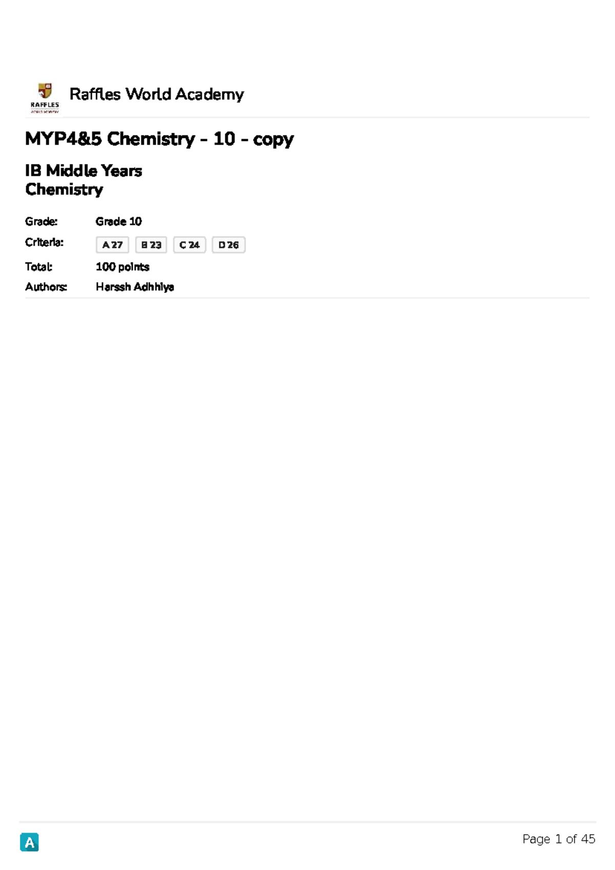Grade 10 Chemistry Practice Paper - IB MYP Assessment Criteria A - Studocu