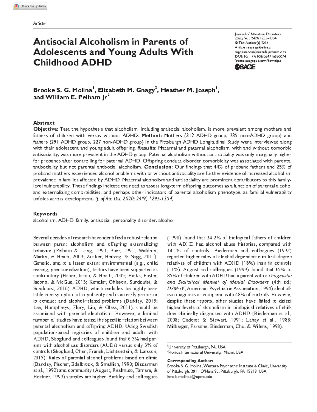 Parental Antisocial Alcoholism and Offspring ADHD: A PALS Study (680074 ...