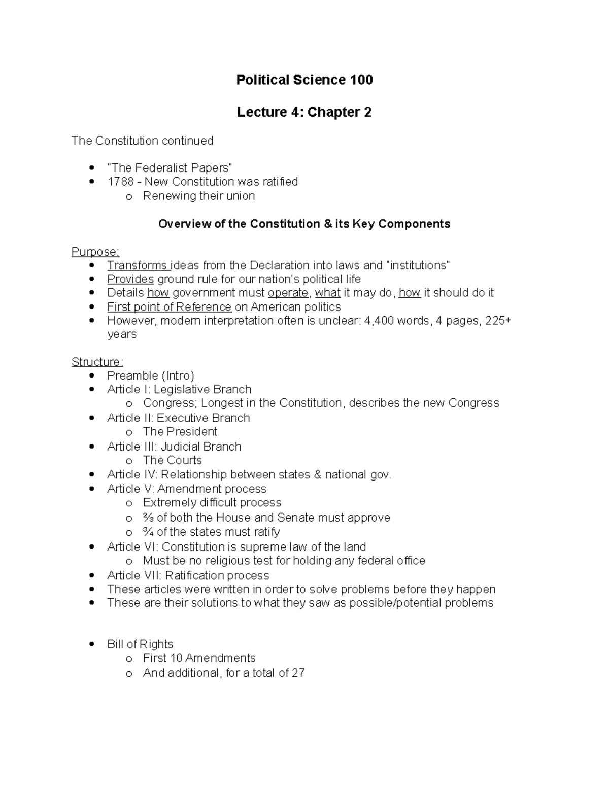 Lecture 4, Chapter 2 - Federalism - Political Science 100 Lecture 4 ...