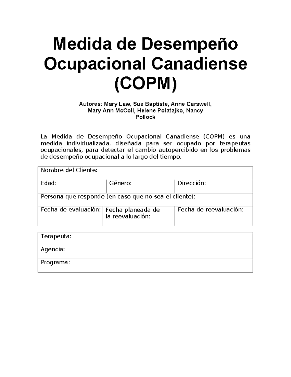 Guía de Evaluación COPM: Medida de Desempeño Ocupacional Canadiense ...