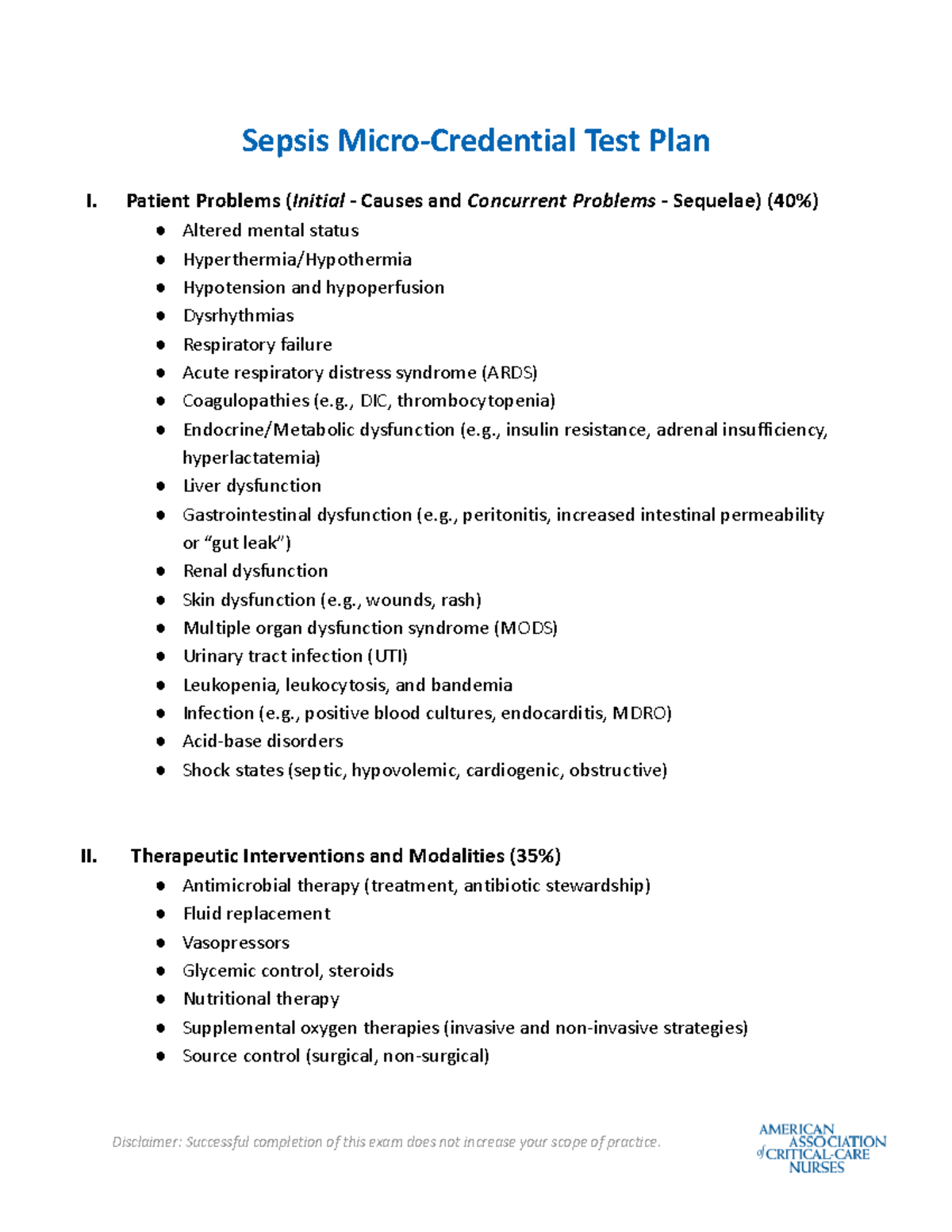 Sepsis Micro-Credential Test Plan 2024 - Key Issues and Interventions ...
