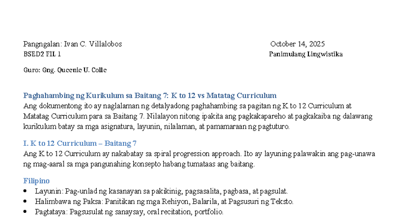 Paghahambing ng K to 12 at Matatag Curriculum para sa Baitang 7 ...