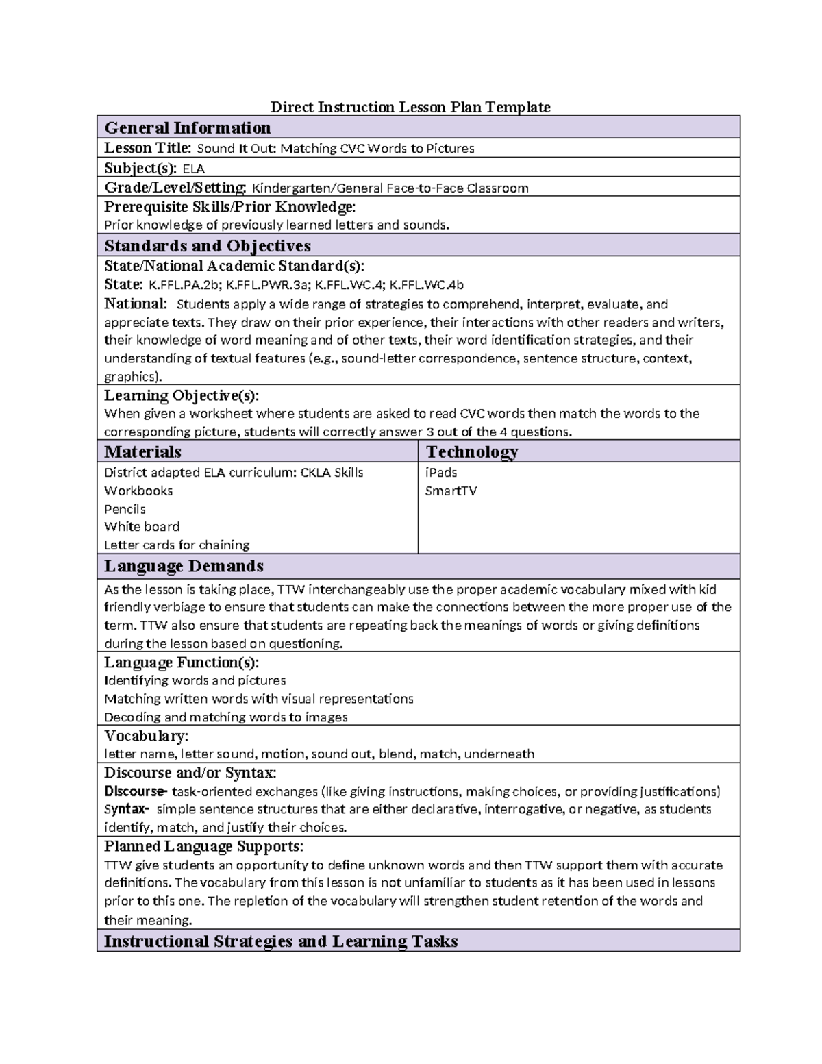 Lesson Plan: Sound It Out - CVC Words & Pictures (ELA K.FFL.WC.4b ...