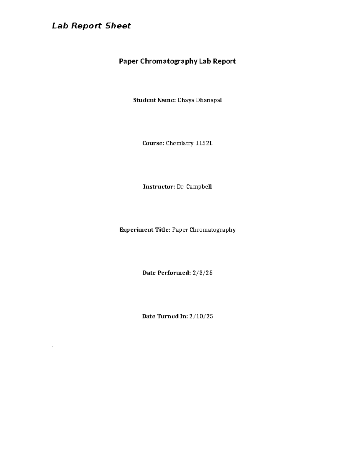Chemistry 1152L: Paper Chromatography Lab Report Analysis - Studocu