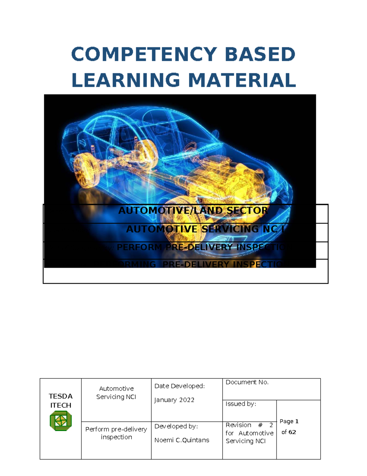 CBLM ATSNC1 CORE1 LO1: Performing Pre-Delivery Inspection Guide - Studocu