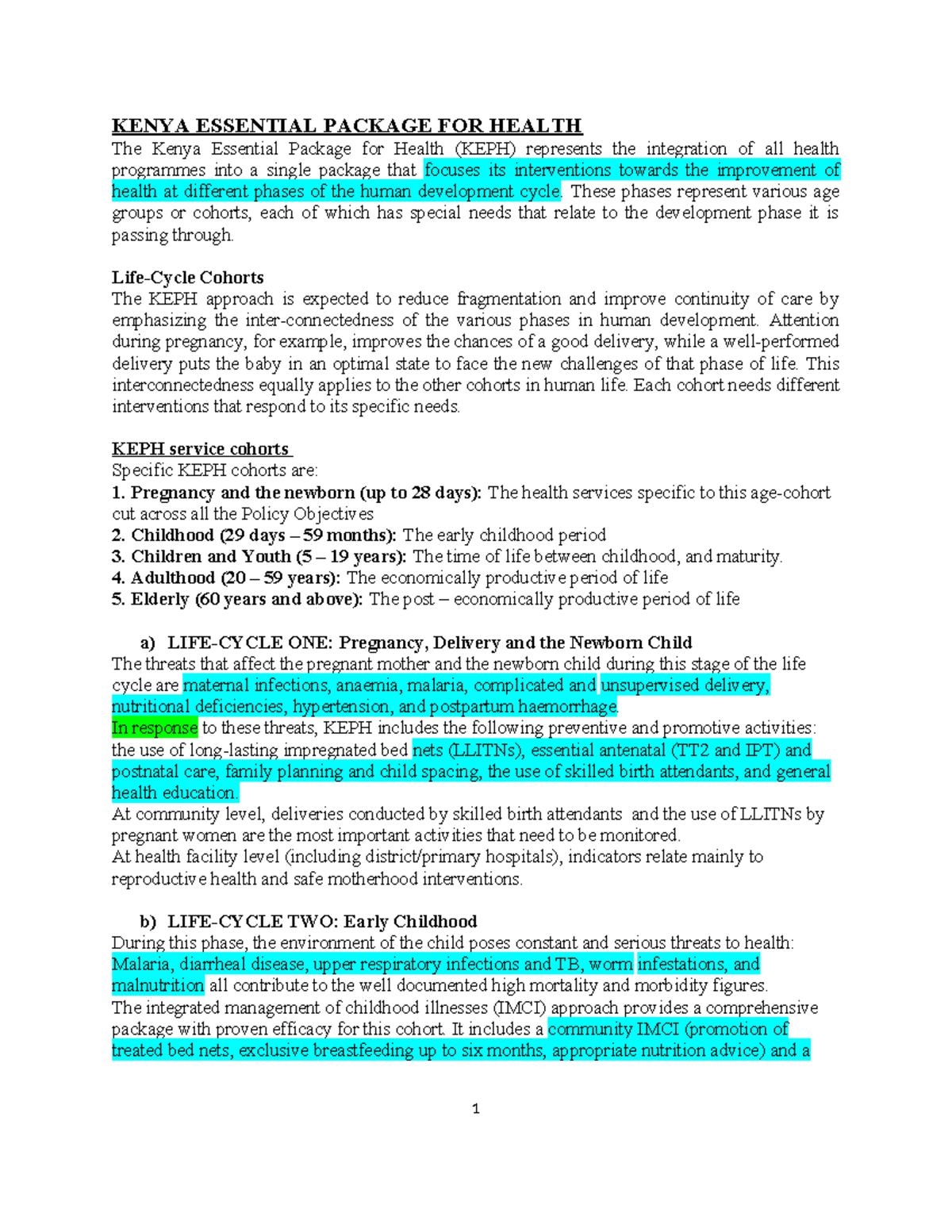 Kenya Essential Package for Health: Lifespan Interventions & Cohorts ...
