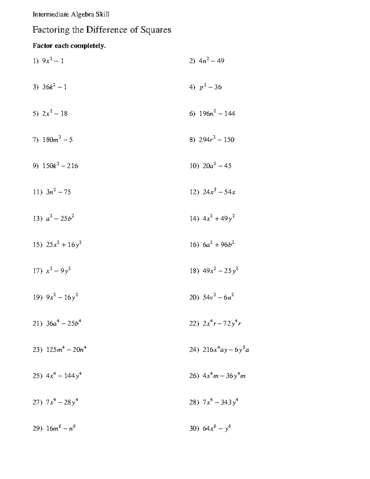 Differnce of Two Squares Worksheet - Intermediate Algebra Skill ...