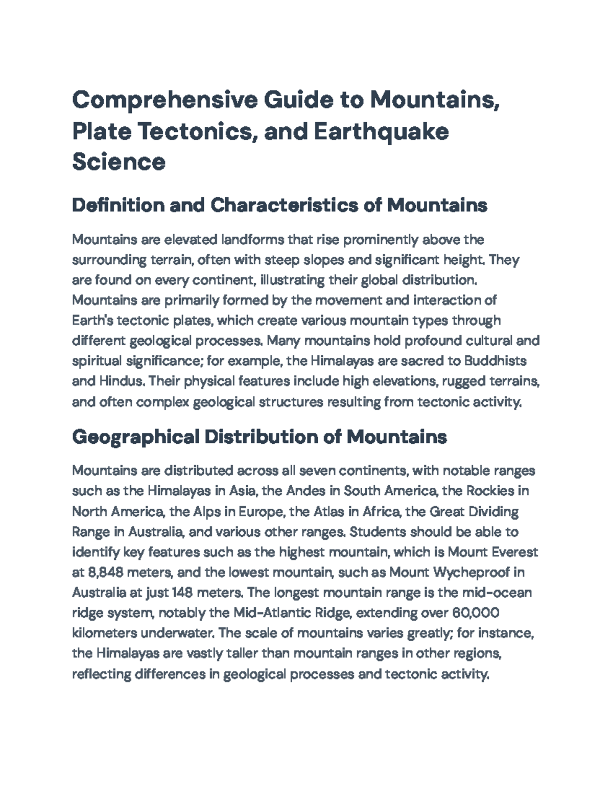 Comprehensive Study of Mountains, Plate Tectonics, and Earthquakes ...