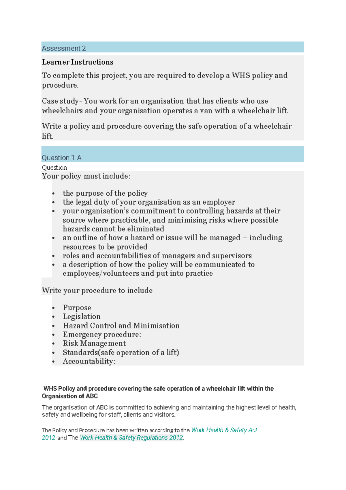WHS Policy & Procedure for Safe Wheelchair Lift Operation (Hltwhs 004 ...
