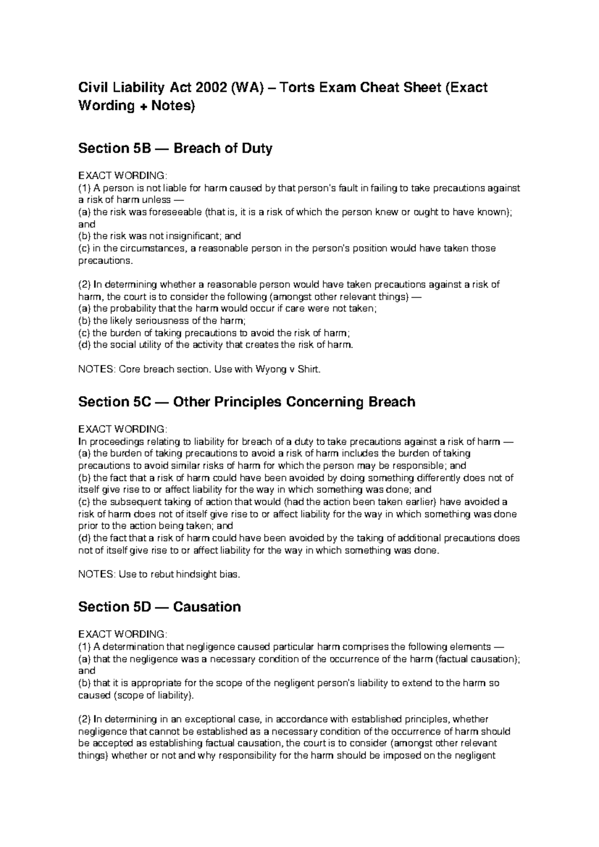 CLA Torts Exam Cheat Sheet: Key Sections & Exact Wording Notes - Studocu