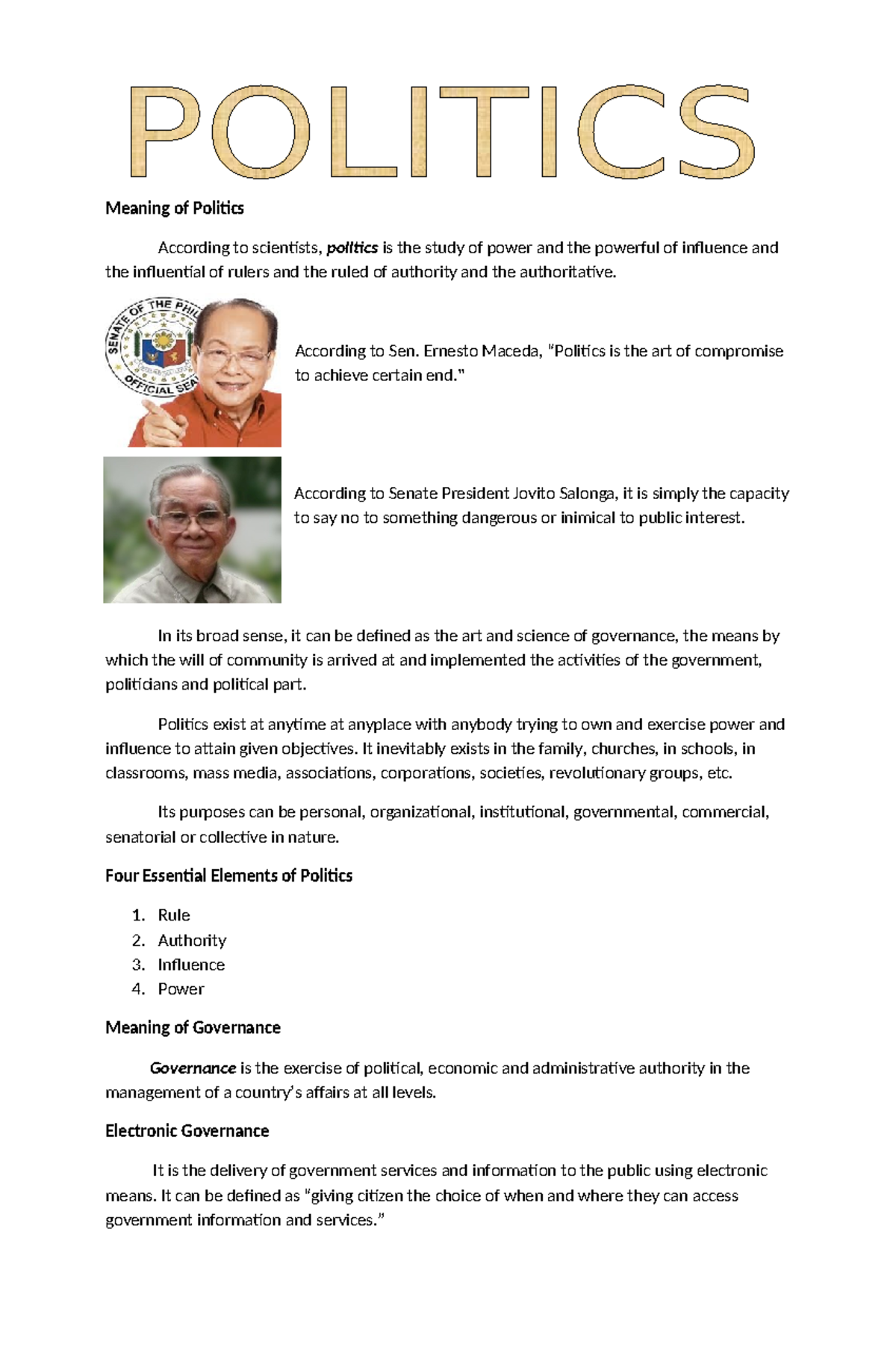 PPG-1: Understanding the Meaning and Elements of Politics - Studocu