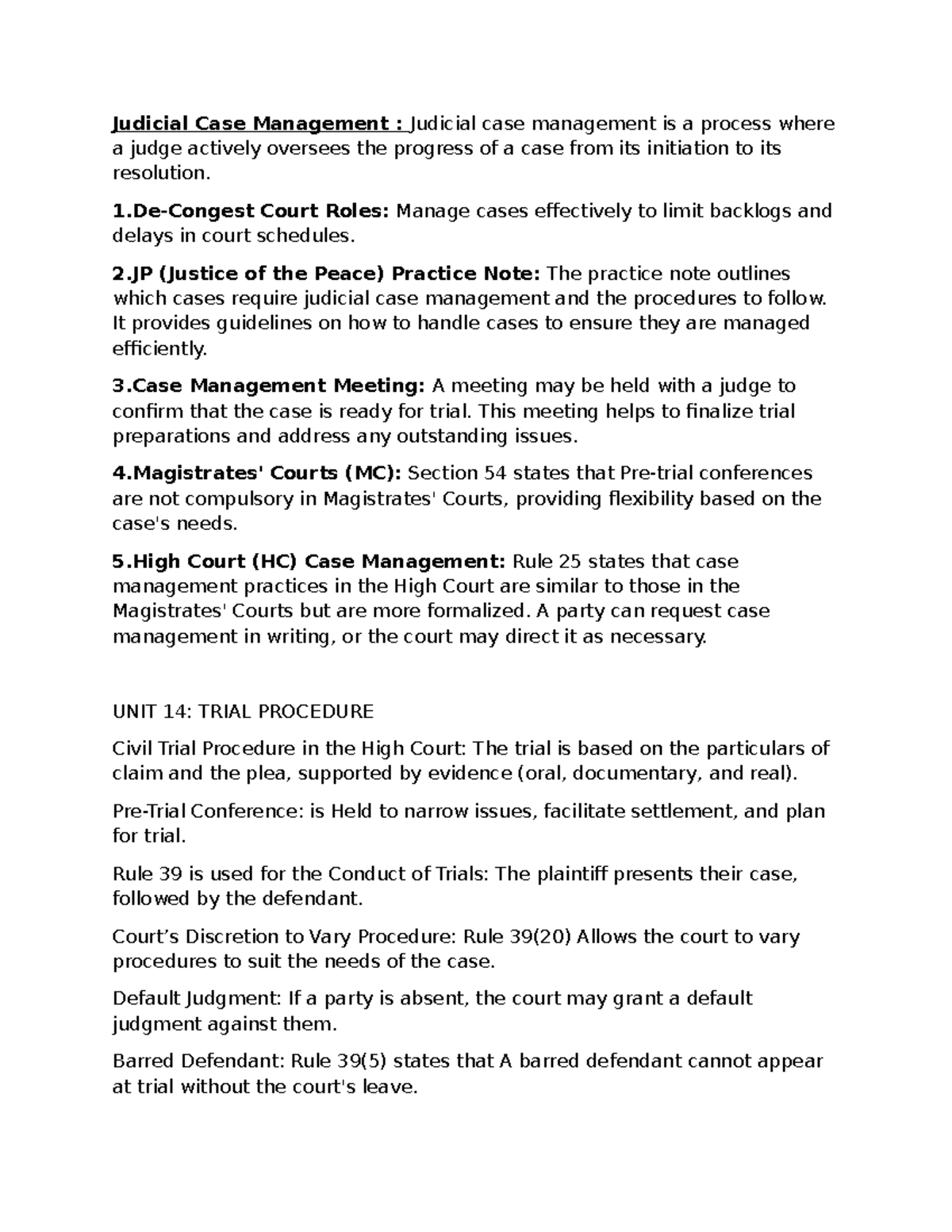 UNIT 14 - Judicial Case Management & Civil Trial Procedure Summary ...