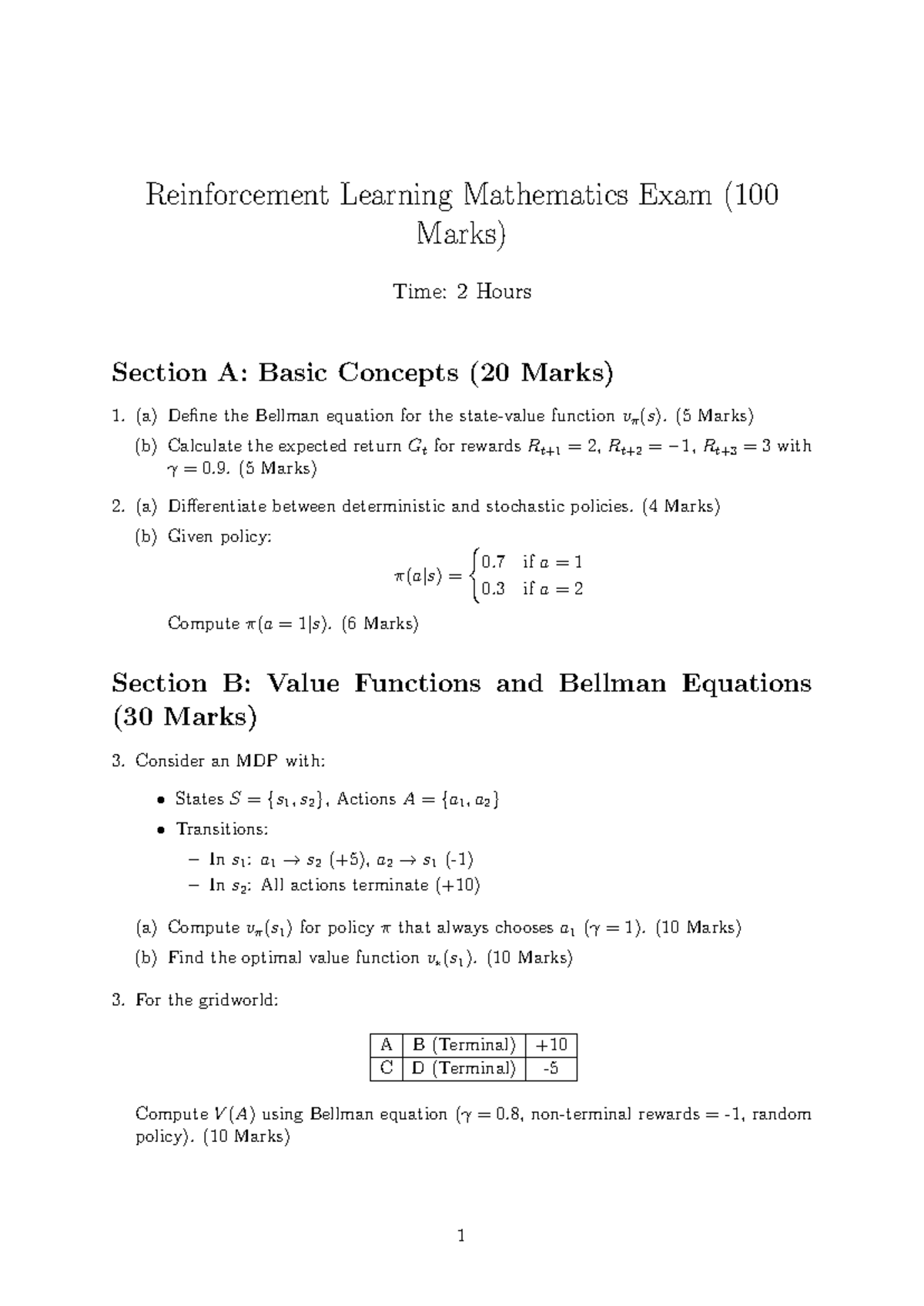 Reinforcement Learning (RL) Mathematics Final Exam (100 Marks) - Studocu