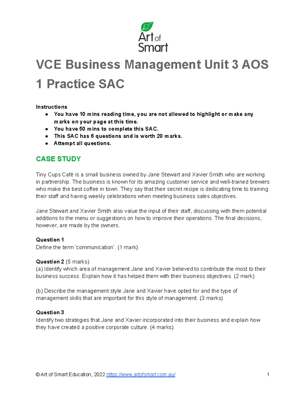 VCE Business Management Unit 3 AOS 1 Practice SAC Art of Smart ...