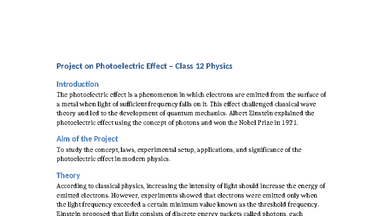 Photoelectric Effect Project - Class 12 Physics Overview - Studocu