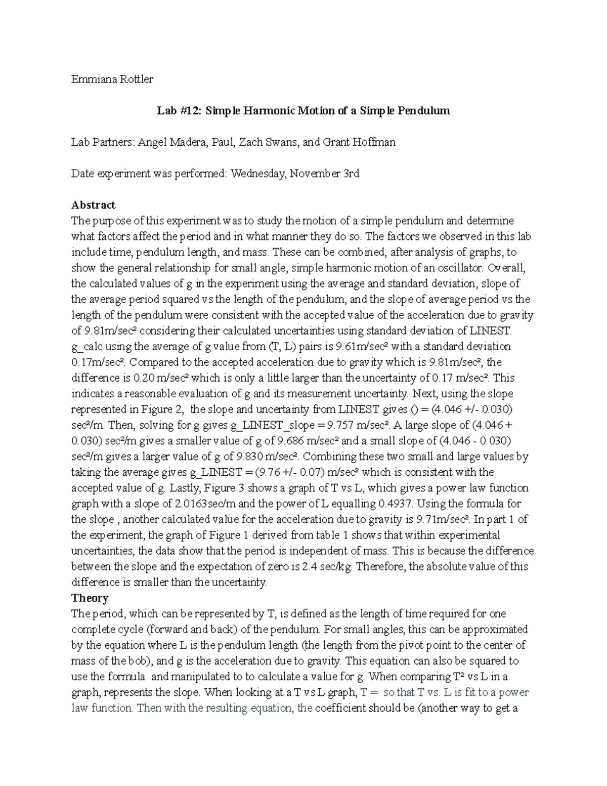 Lab #12: Investigating Simple Harmonic Motion in a Pendulum Experiment ...
