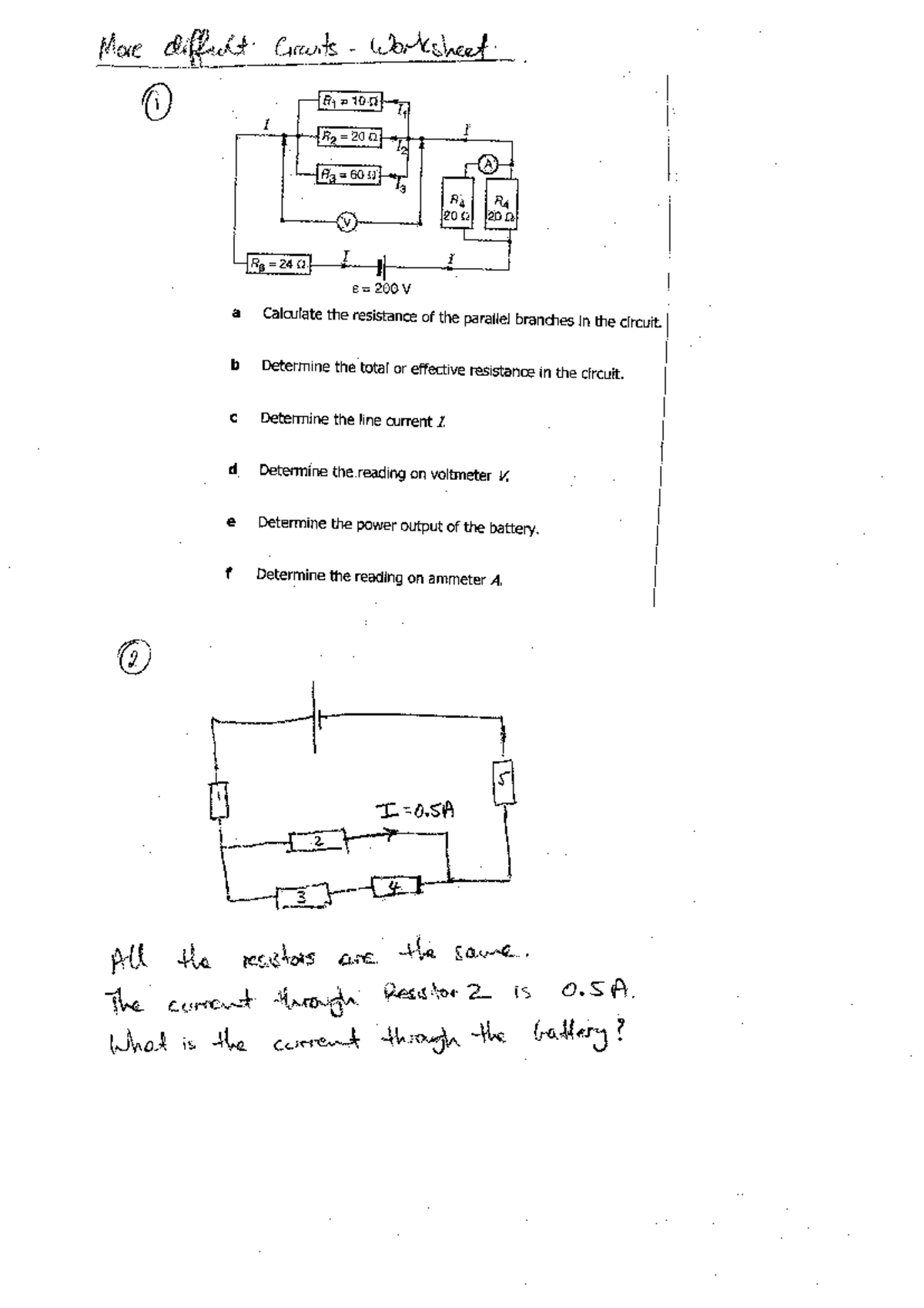 More Difficult Circuits Worksheet: Resistance Calculations and Analysis ...