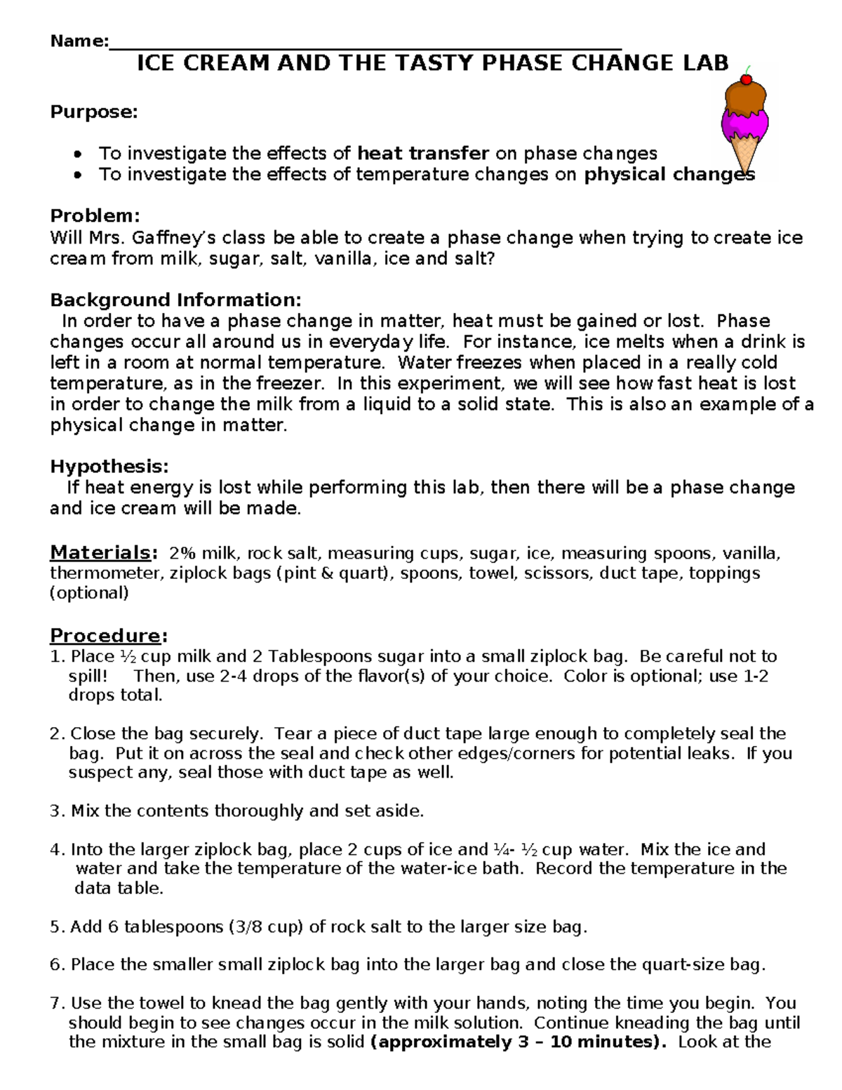 ICE 101: Ice Cream Phase Change Lab Experiment Instructions - Studocu