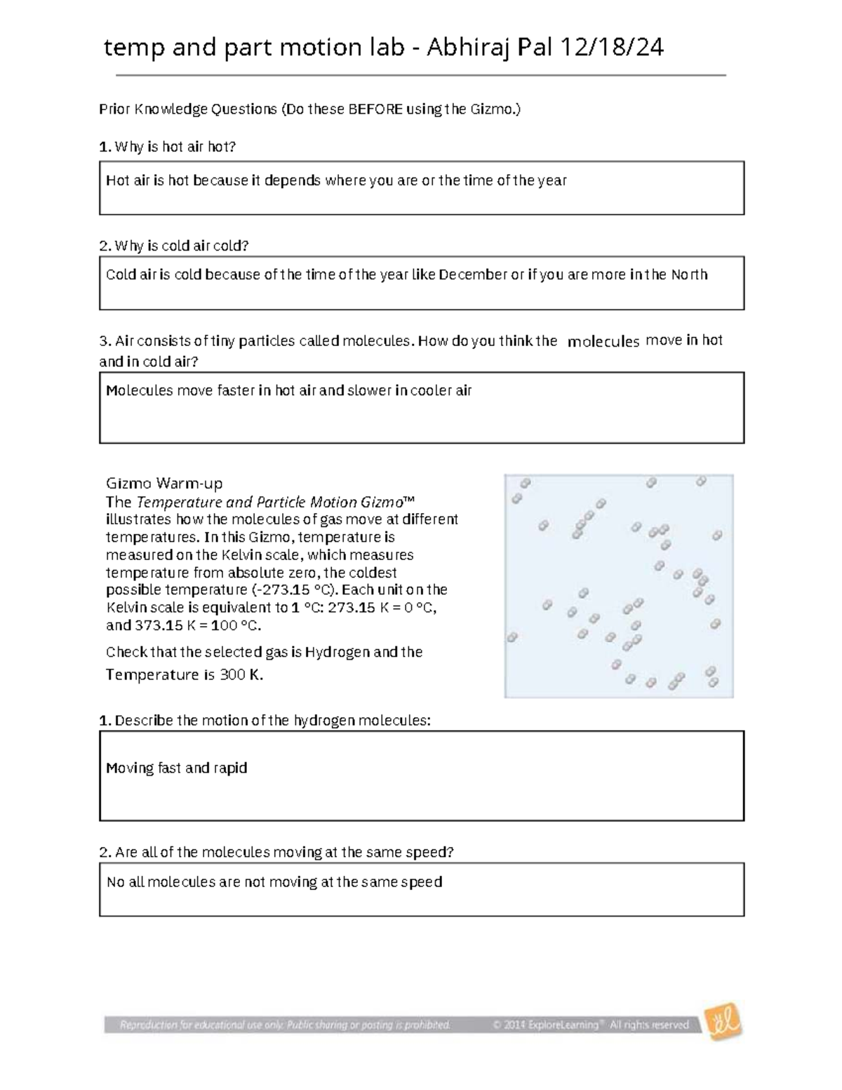 Temperature and Particle Motion Lab Report (Temp & Part Motion) - Studocu