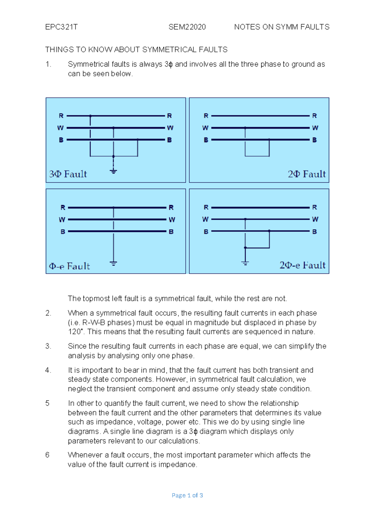 EPC321T SEM22020 Symmetrical Faults Study Notes and Analysis - Studocu