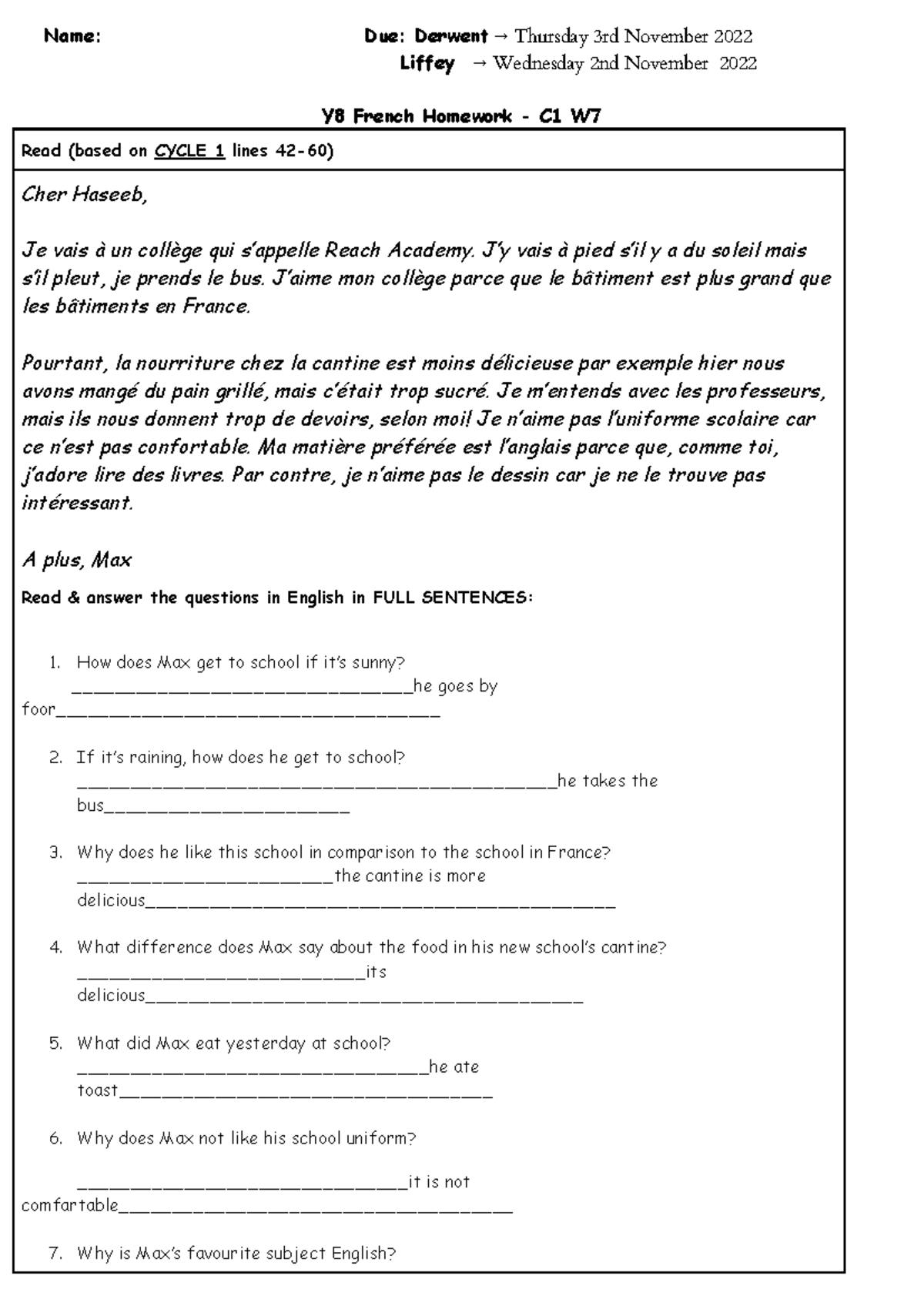 Y8 French Homework - C1 W7 Responses and Reflections - Studocu