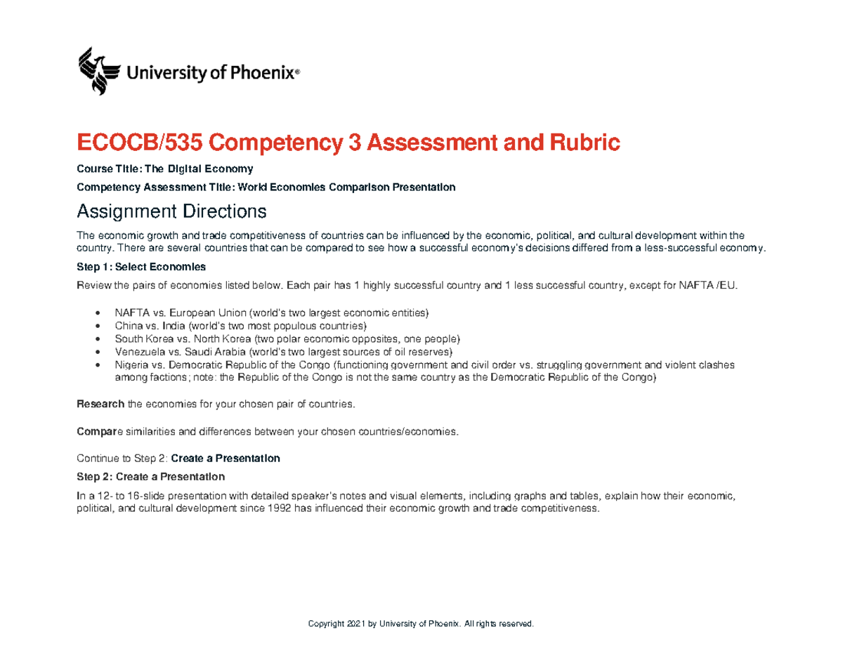 ECOCB/535 Competency 3 Assessment Rubric for World Economies ...