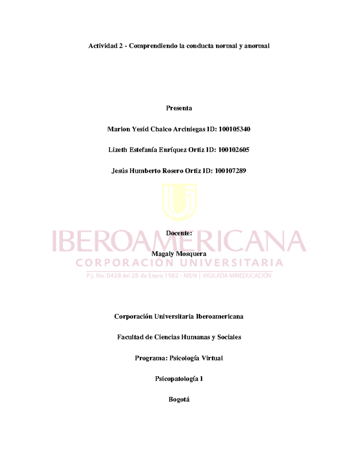 Psicopatología I: Actividad 2 - Análisis de Conducta Normal y Anormal ...