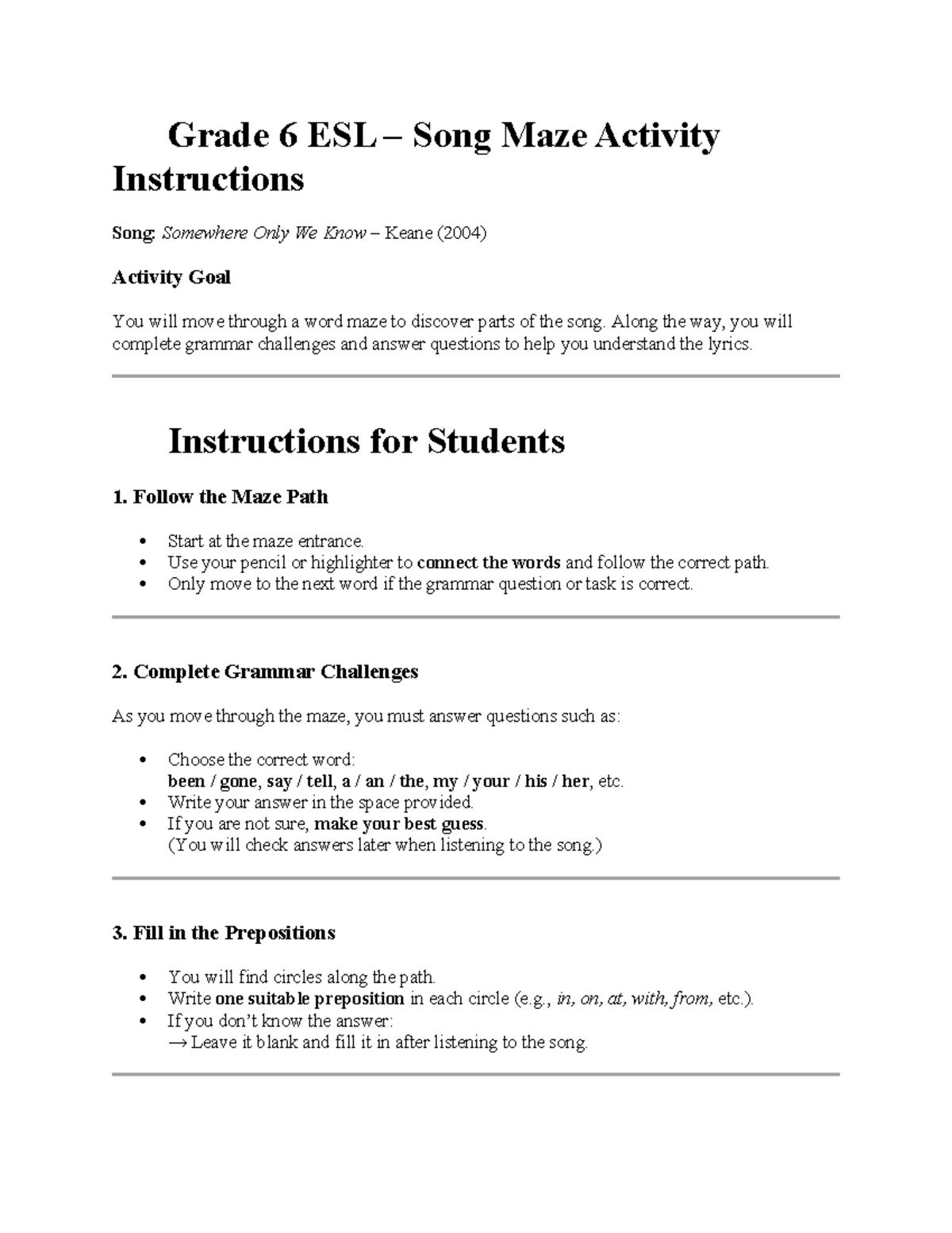 Grade 6 ESL Song Maze Activity: Somewhere Only We Know - Studocu