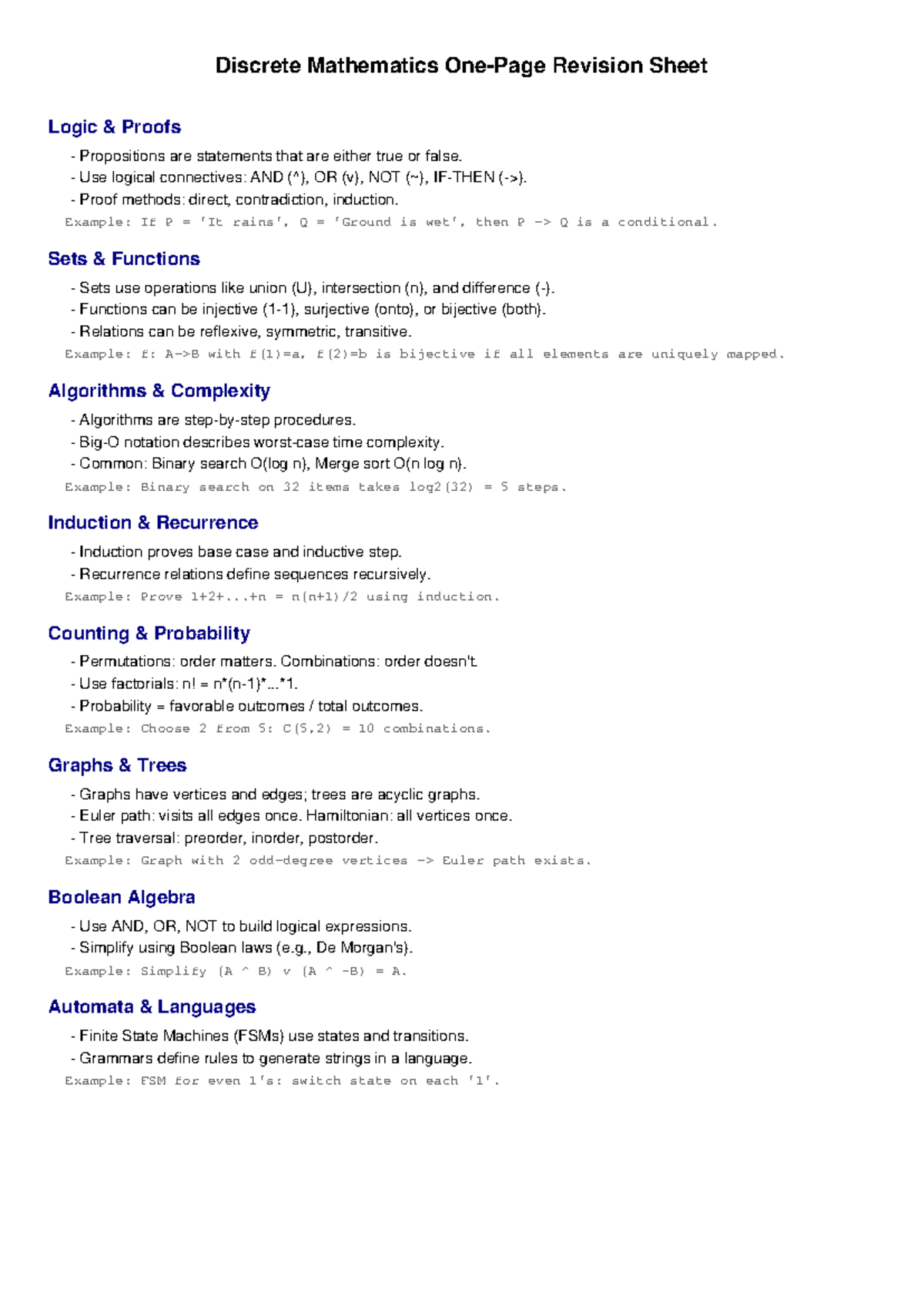 Discrete Math Revision Sheet: Logic, Proofs, and Algorithms - Studocu