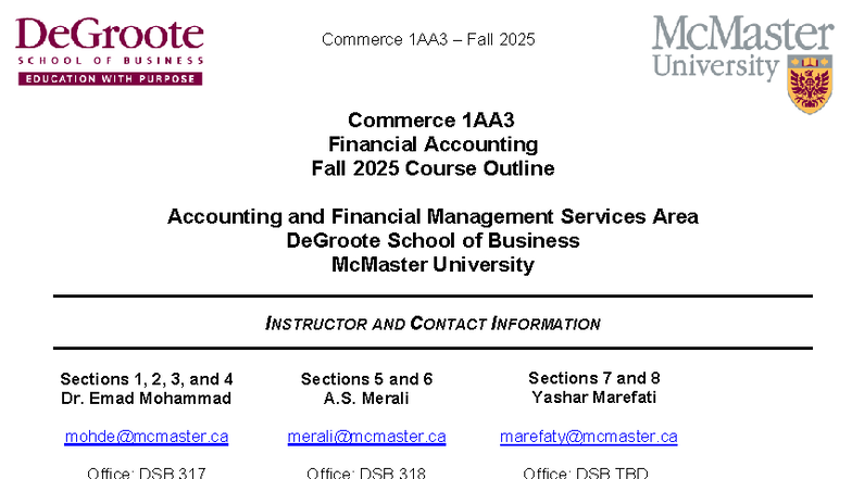 Commerce 1AA3 Fall 2025 - Financial Accounting Course Outline - Studocu