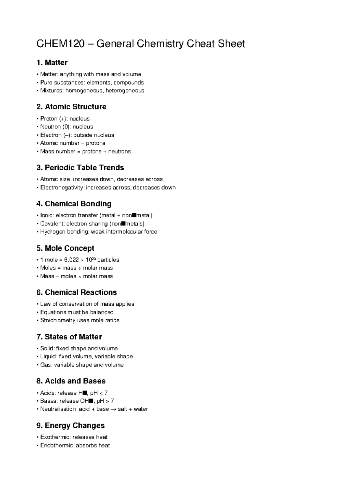 CHEM120 General Chemistry Final Exam Cheat Sheet - Studocu