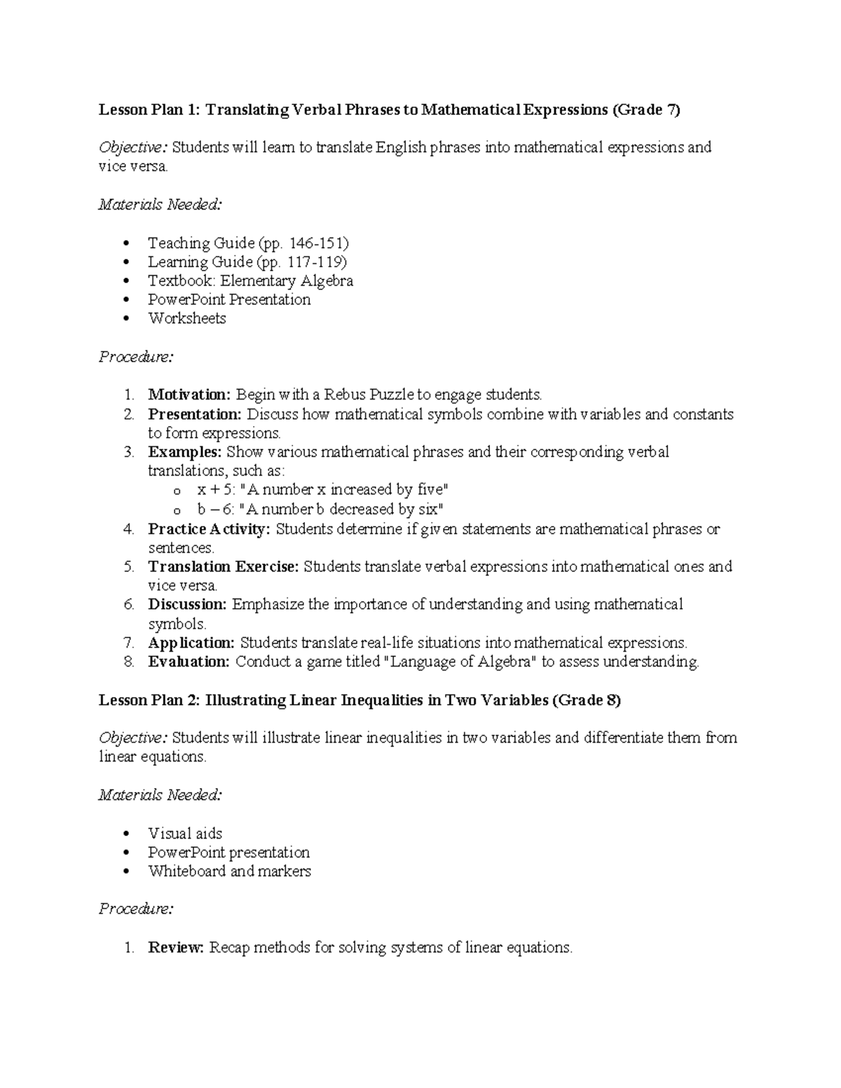 Lesson Plan 1 - math - Lesson Plan 1: Translating Verbal Phrases to ...