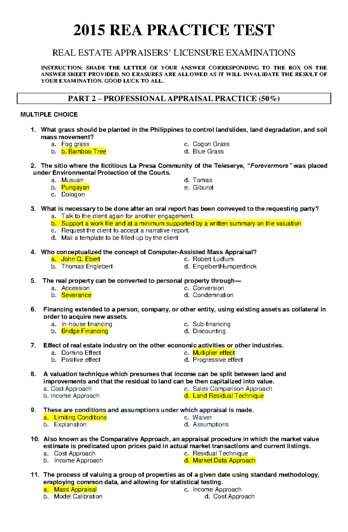 Mock Exam for Real Estate Appraisal Practice (REA-2015) - Studocu