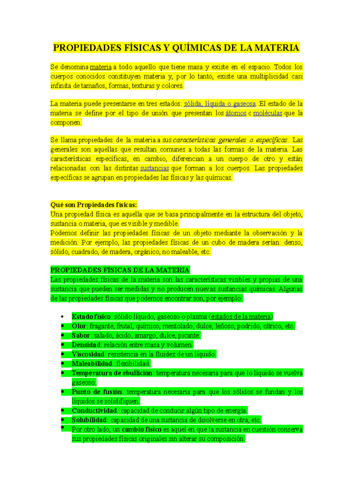 Hoja De Trabajo De Propiedades Químicas Y Físicas