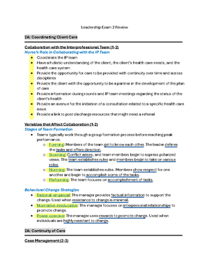 Leadership Exam 2 - Test 2 - Leadership Exam 2 1-2 Collaboration with ...