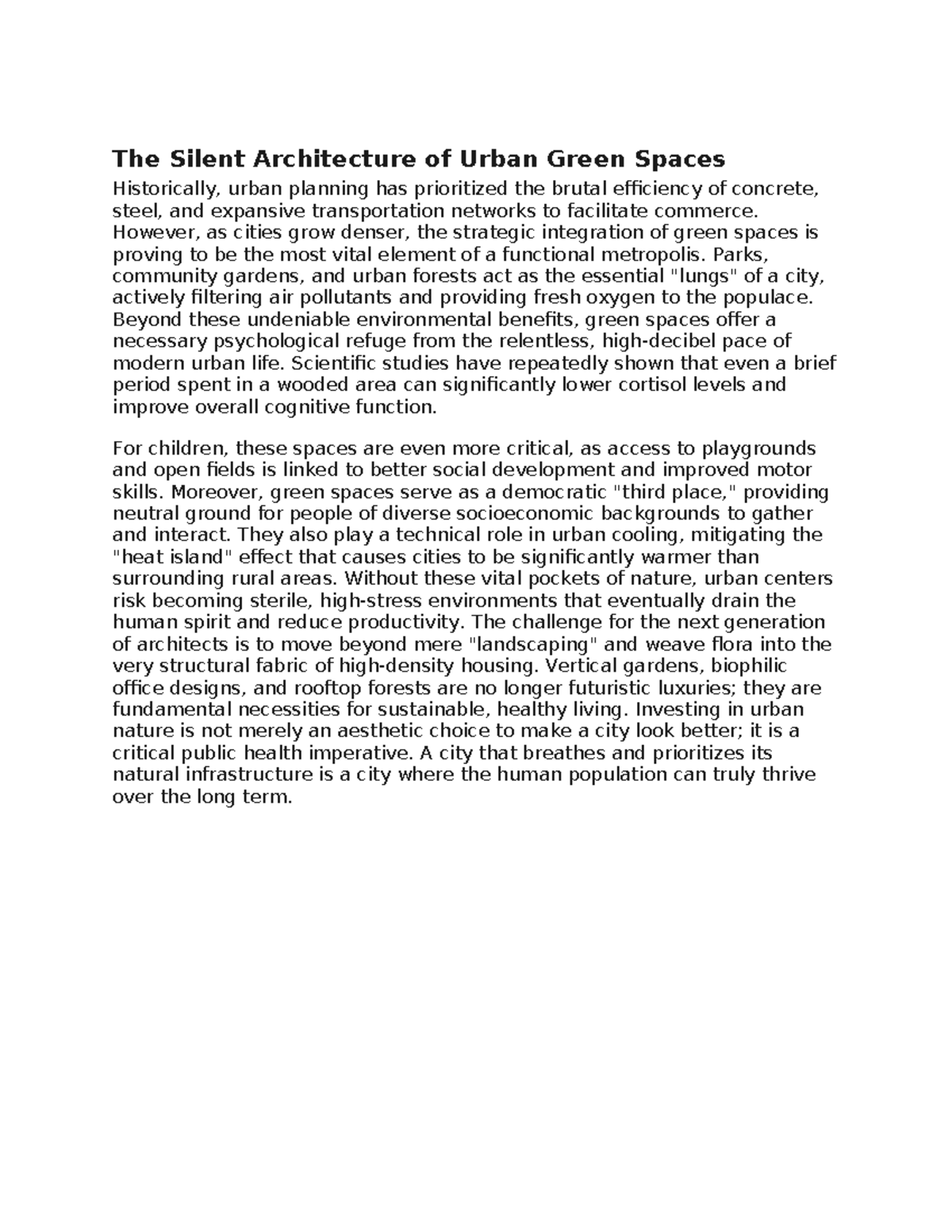 Urban Green Spaces: Essential Architecture for Sustainable Cities - Studocu