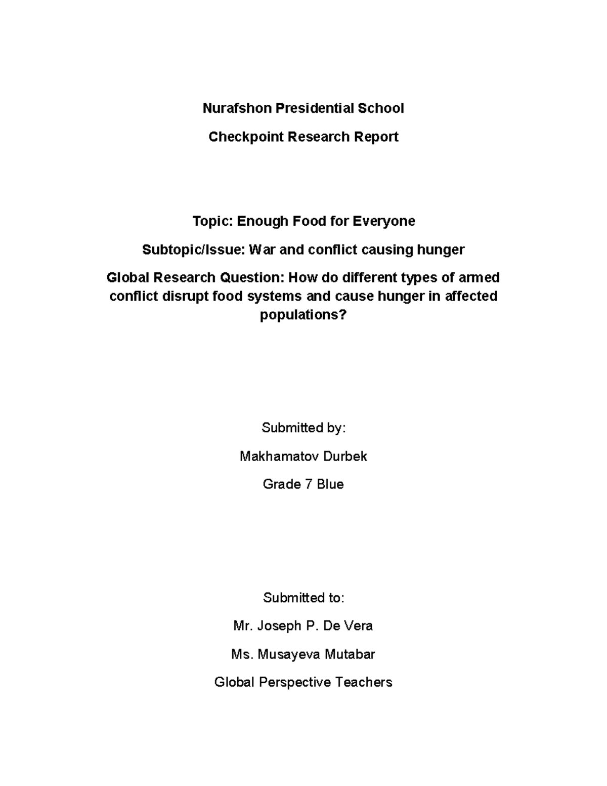 Checkpoint Research Report: Armed Conflict and Global Hunger - Studocu